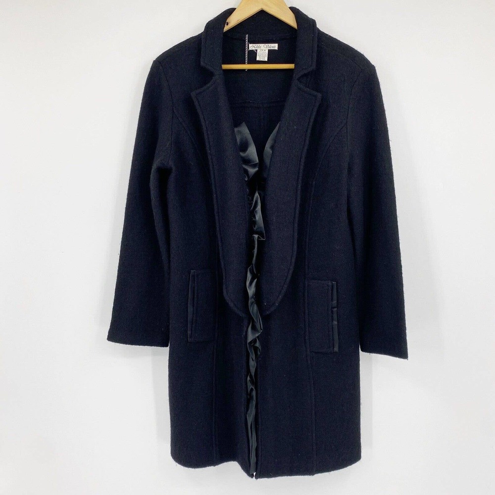 Nikki Valenti 100% Wool Coat Satin Ruffles Black Sz M - Gem